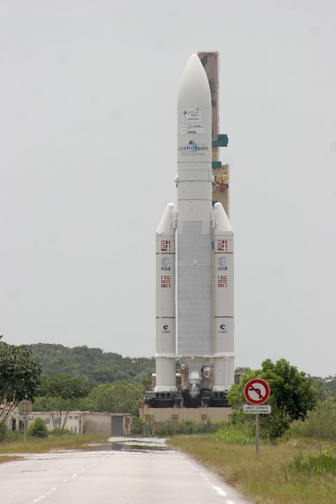 Photos: European rocket treks to launch pad with U.S. satellites ...