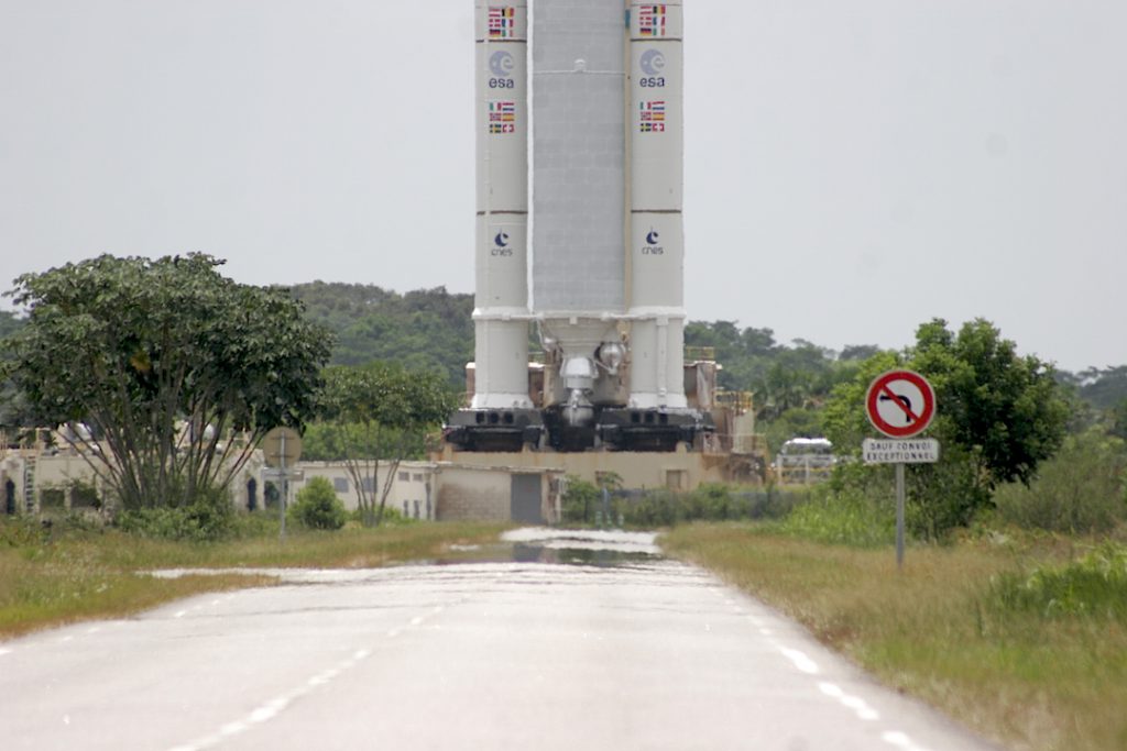 Photos: European rocket treks to launch pad with U.S. satellites ...