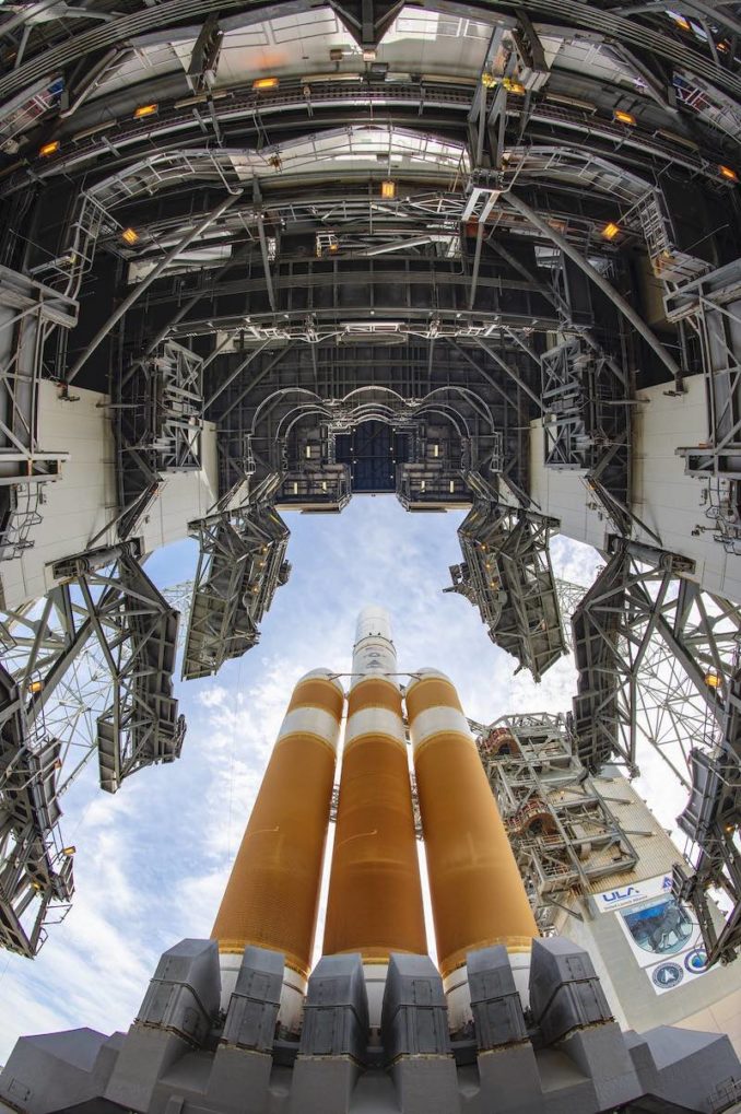 Mobile gantry wheeled away from Delta 4-Heavy rocket at Cape Canaveral ...