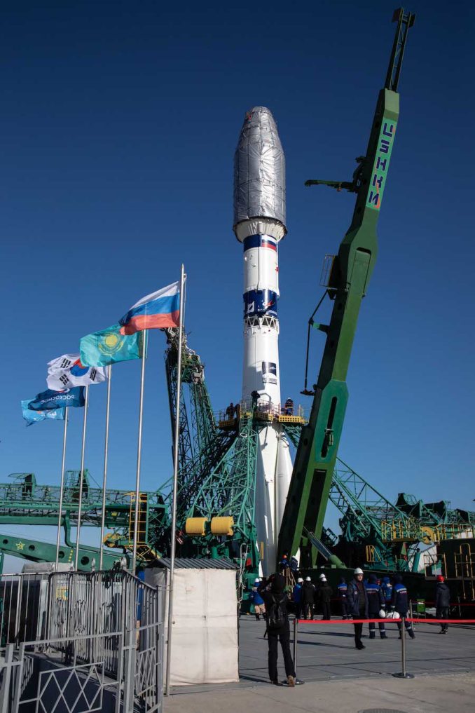 Soyuz rocket with special paint scheme rolls out to Baikonur launch pad ...