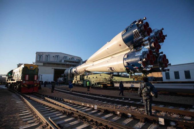 Soyuz rocket with special paint scheme rolls out to Baikonur launch pad ...